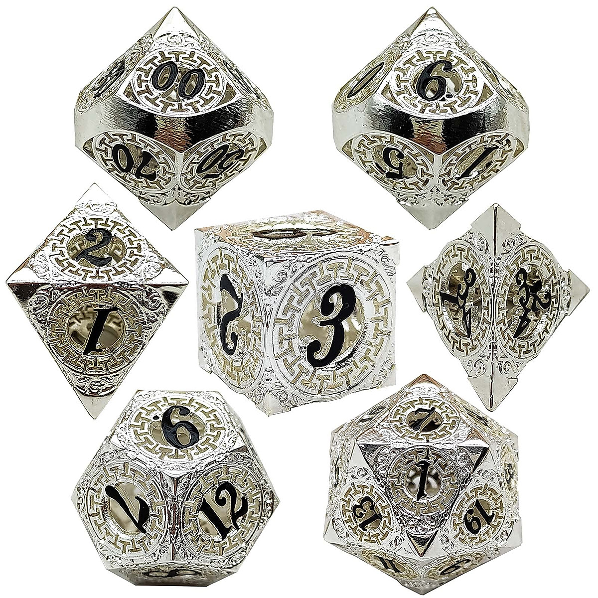 Metal Dice Set 7pcs DND - Table Game RPG Hollow Dice Silver and Black, with Metal Gift Box, Suitable for Dungeon and Dragon D&D MTG, Math Teaching, Polyhedron D4 D6 D8 D10 D10％ D20