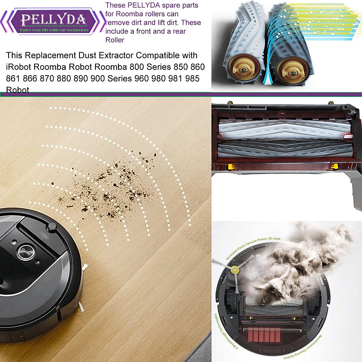 PELLYDA Rubber Roller Brushes,Replacement Parts for irobot Roomba 800 & 900 Series, Roomba 800 850 860 861 866 870 880 890 900 980 985 Vacuum,Roomba Accessories 2 Sets of Debris Extractor