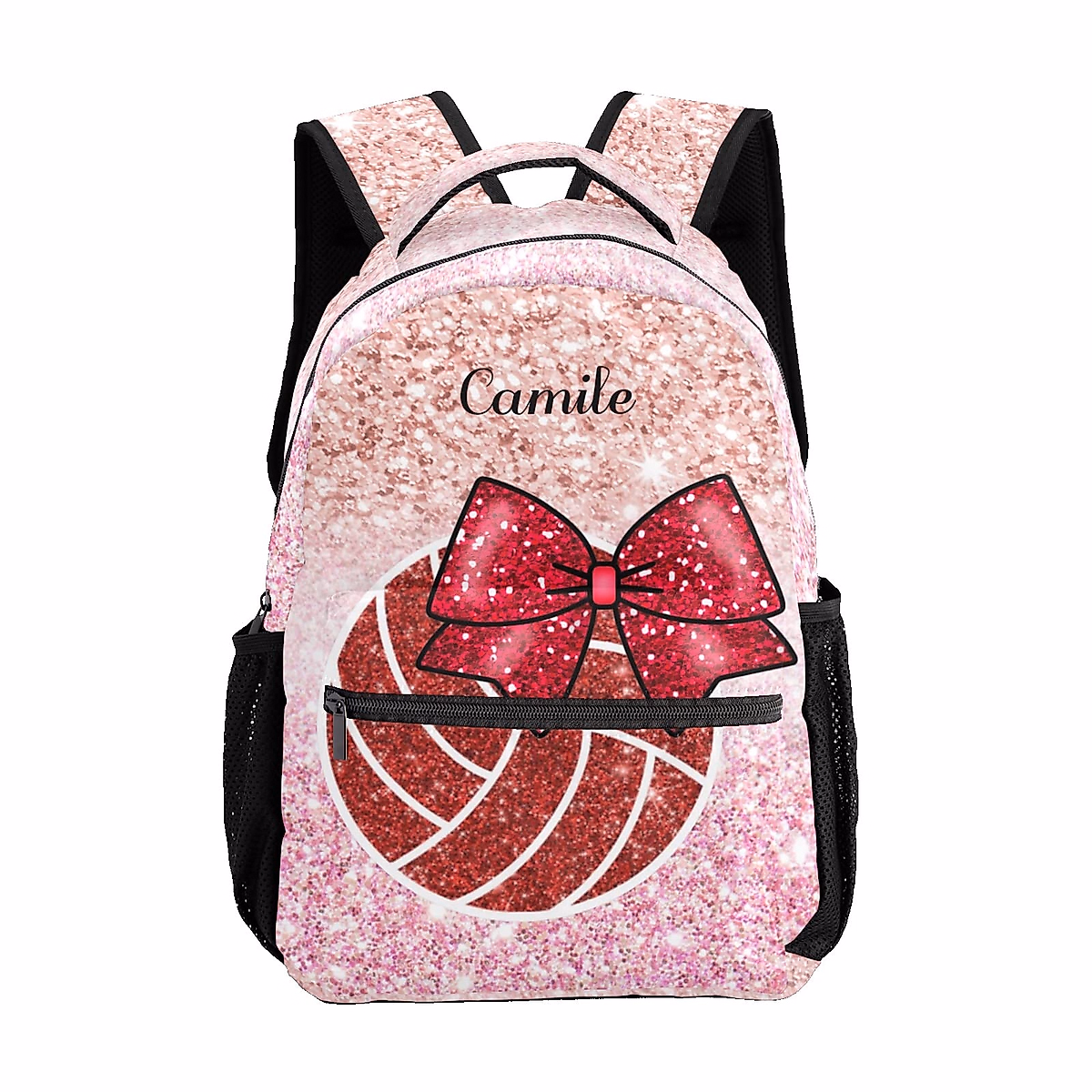 NZOOHY Glitter Volleyball Bow Personalized Kids School Backpack Custom Name for Boys Girls Primary Daypack Bookbag Travel Bag