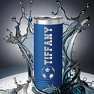 Personalized Soccer Ball Tumbler with Lid Laser Engraved on Blue 22 oz Stainless Steel Insulated Cup Birthday Gift for Men, Women, Sports Lover