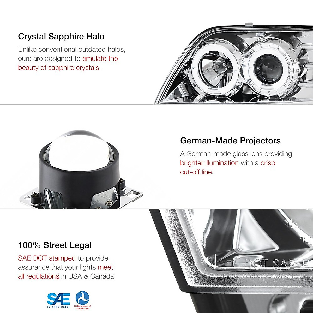 [For 1997-2003 Ford F150 Pickup Truck] LED Halo Ring Chrome Housing Projector Headlight Headlamp Assembly, Driver & Passenger Side