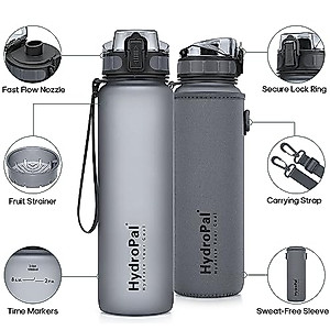 Unistar Water Bottle with Time Marker -Large 34 oz Tritan Bottle & No Sweat Sleeve -Leak Proof Gym Sports Bottle with Fruit Infuser Strainer & Carrying Strap - Gift Package for Christmas