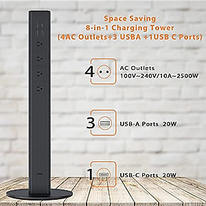 Tower Power Strip with 4 Outlets 3 USB A 1USB C Ports, 6.56ft Long Extension Cord Outlets Charging Tower, Power Strip with USB Ports Have Overload Protection Fire Proof for Libraries, cafes.