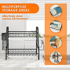 LEGUANG Dish Drying Rack, 2-Tier Stainless Steel Dish Racks for Kitchen Counter, Small Plate Rack Organizer, Space Saving, Black