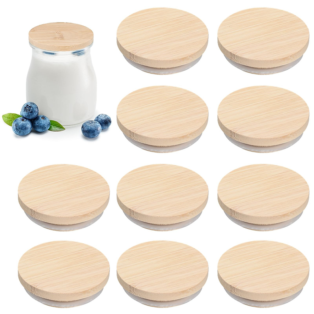 yeesport 12 PCS Yogurt Jar Lids, 2.6 Inches Bamboo Jar Lids for Yogurt Jars, Food Fruit Candy Can Lids with Silicone Sealing Rings, Yogurt Jar Lids With DIY Function