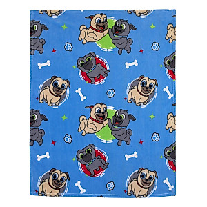 Disney Puppy Dog Pals - Puppy Pal Fun - 4Piece Toddler Bed Set - Coral Fleece Toddler Blanket, Fitted Bottom Sheet, Flat Top Sheet, Standard Size Pillowcase, Blue, Red, Gray, Tan