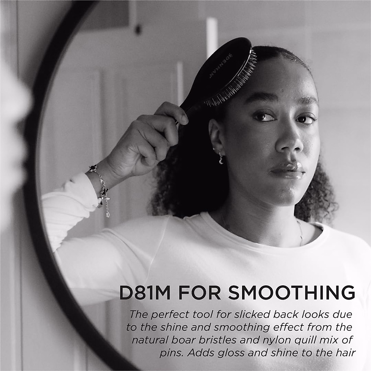 Denman Style and Shine Hair Brush for Slick Back Looks and Adding Glossy Shine to Hair with Soft Nylon Quill Boar Bristles for Sleek Smoothing, Detangling and Styling – Black, D81M