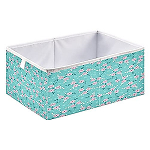 Kigai Cute Pink Flowers and Leaves Fabric Storage Bin 11" x 11" x 11" Cube Baskets Collapsible Store Basket Bins for Home Closet Bedroom Drawers Organizers