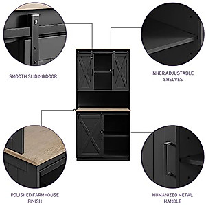GOOD & GRACIOUS Kitchen Pantry Freestanding Hutch Storage Cabinet with Sliding Barn Door Black Paint Finish
