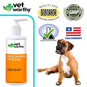 Vet Worthy Wild Alaskan Salmon Oil Blend for Dogs - Dog Supplement to Support Healthy Skin and Beautiful Coat - Fish Oil Supplement with EPA, DHA, and Omega 3 Fatty Acids - Salmon Flavor, 15.5oz