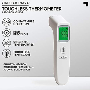 SHARPER IMAGE Digital Touchless Smart Forehead Thermometer, High-Precision Infrared Sensors, Stores 35 Readings, Touch-Free Temp Scans, Battery Powered, Built-in LED Glow Light