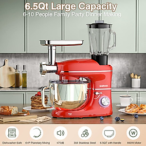 Stand Mixer, BABROUN 6 IN 1 Multifunctional Electric Kitchen Mixer with 6.5QT Stainless Steel Bowl, 1.5L Glass Jar, Meat Grinder, Dough Hook, Whisk, Beater, 6 Speeds Food Mixer for Baking Mixing