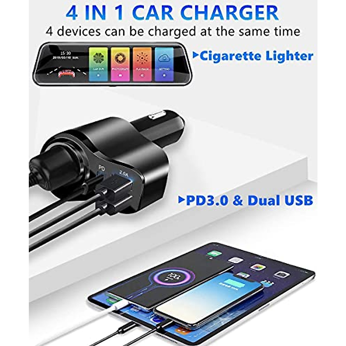 4 in 1 USB C Car Charger, 48W Multi USB Cigarette Lighter Adapter, Socket Splitter with 3 USB Ports, 12V/24V Dual USB Type C PD Fast Car Charger Adapter for iPhone 14/13/12/11,iPad,Samsung,LG,GPS