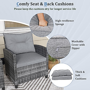 KOTEK 3 Piece Patio Furniture Set, Outdoor PE Rattan Conversation Set with Washable Cushions & Tempered Glass Tabletop, Wicker Chairs and Table Set for Porch, Garden, Balcony (Grey)