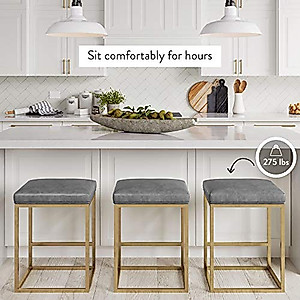 Nathan James Nelson Backless Pub-Height Kitchen Counter Bar Stool with Faux Leather Cushion and Metal Base, 24", Gray/Gold