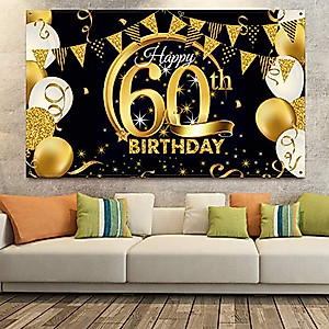 Birthday Party Decoration Extra Large Fabric Black Gold Sign Poster for Anniversary Photo Booth Backdrop Background Banner, Birthday Party Supplies, 72.8 x 43.3 Inch (60th)