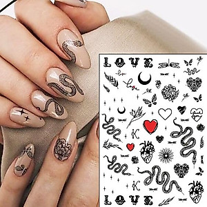 5 Sheets Black Snake Nail Art Stickers White Black Flower Big Snake Nail Decals Red Love Heart Nail Art Supplies Butterfly Star Moon Leaf Nail Art Design Decoration Accessories for Women Manicure DIY