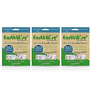Earthwise Natural Biodegradable Dental Flossers - 50 ct (3 Pack) - Eco-Friendly, Vegan, Sustainable, Compostable, Unflavored, Shred Resistant, Zero Waste Floss Picks - Made with Plant Based Materials