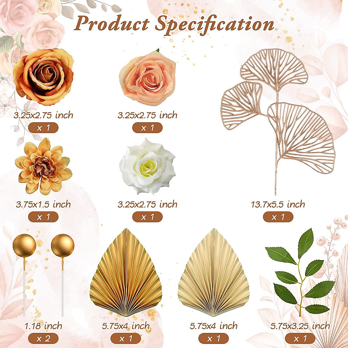 Flower Cake Toppers Boho Cake Decorations Happy Birthday Cake Toppers with Artificial Rose Gold Palm Leaves Ginkgo Leaves and Balls for Mother's Day Birthday Party Wedding Baby Shower