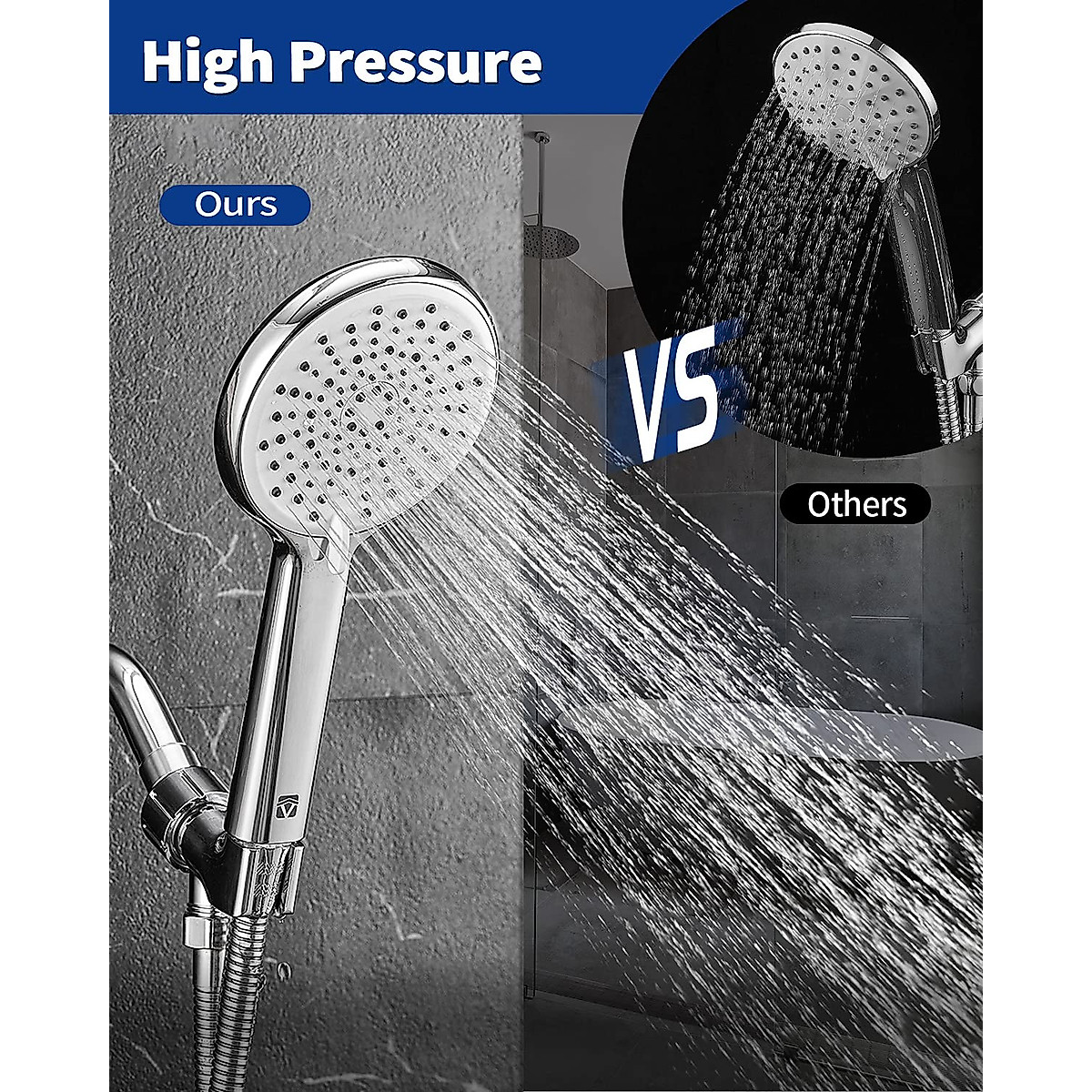 High Pressure Handheld Shower Head VMASSTONE 3-Setting Shower head Kit - Jet Water Mode - with 59" Stainless Hose and Adjustable Mount Excellent Replacement for Bath Showerhead (HM-001 Chrome)