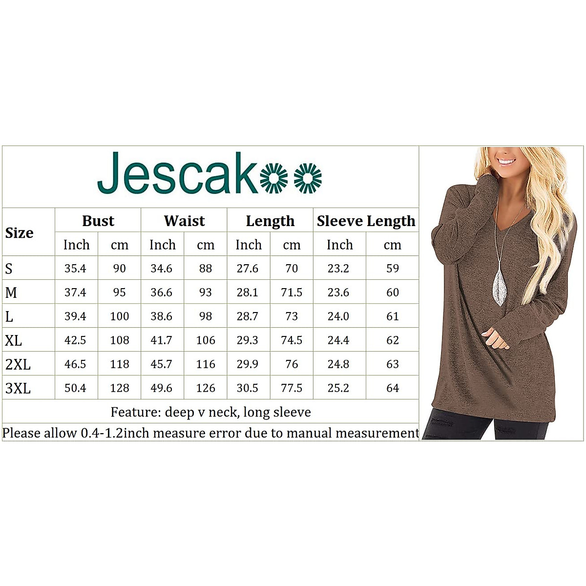 Jescakoo Long Sleeve T Shirt Women Flowly V Neck Tops Clearance Coffee M