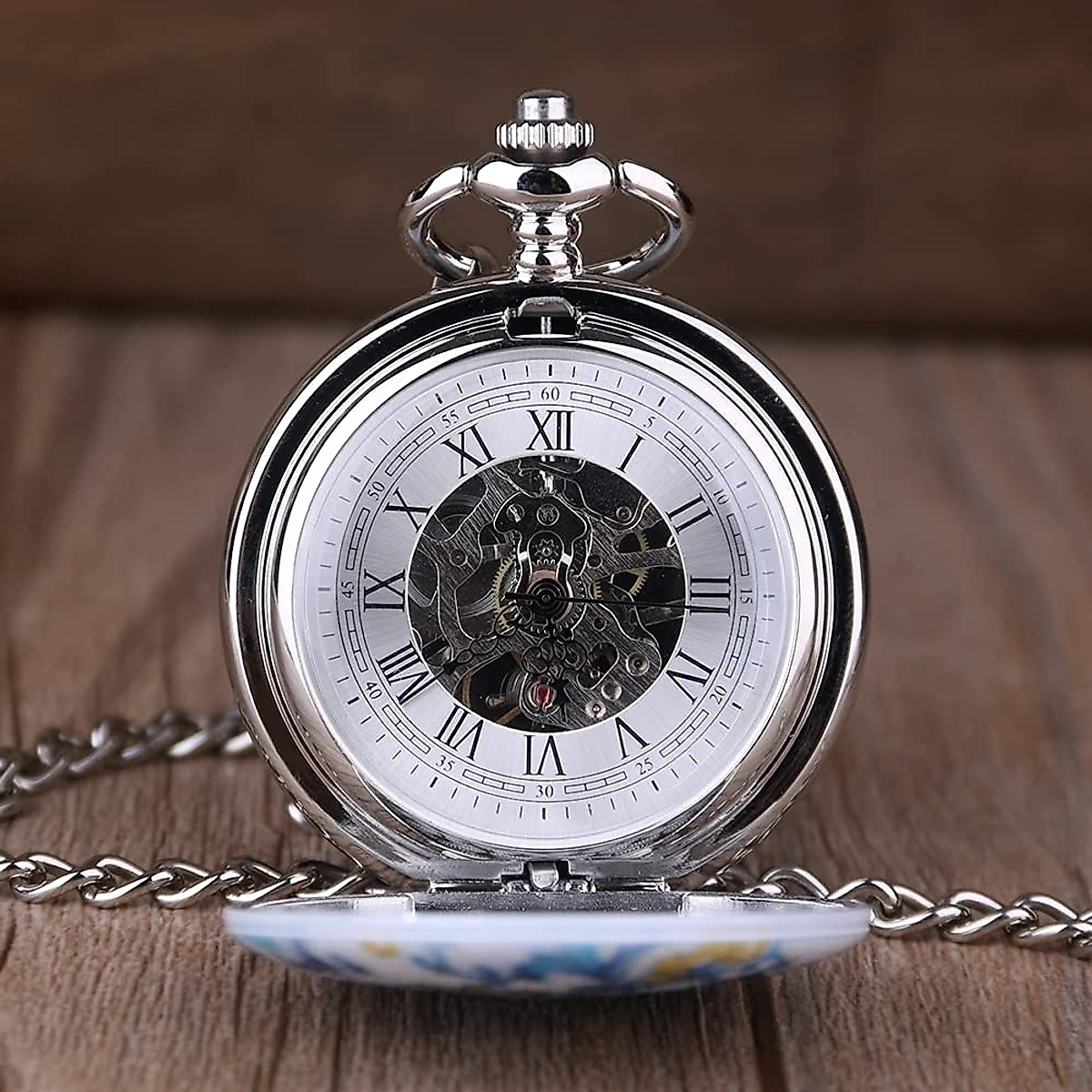 Whodoit Unique Design Blue and White Porcelain Flower Pocket Watches Roman Number Mechanical Pocket Watches