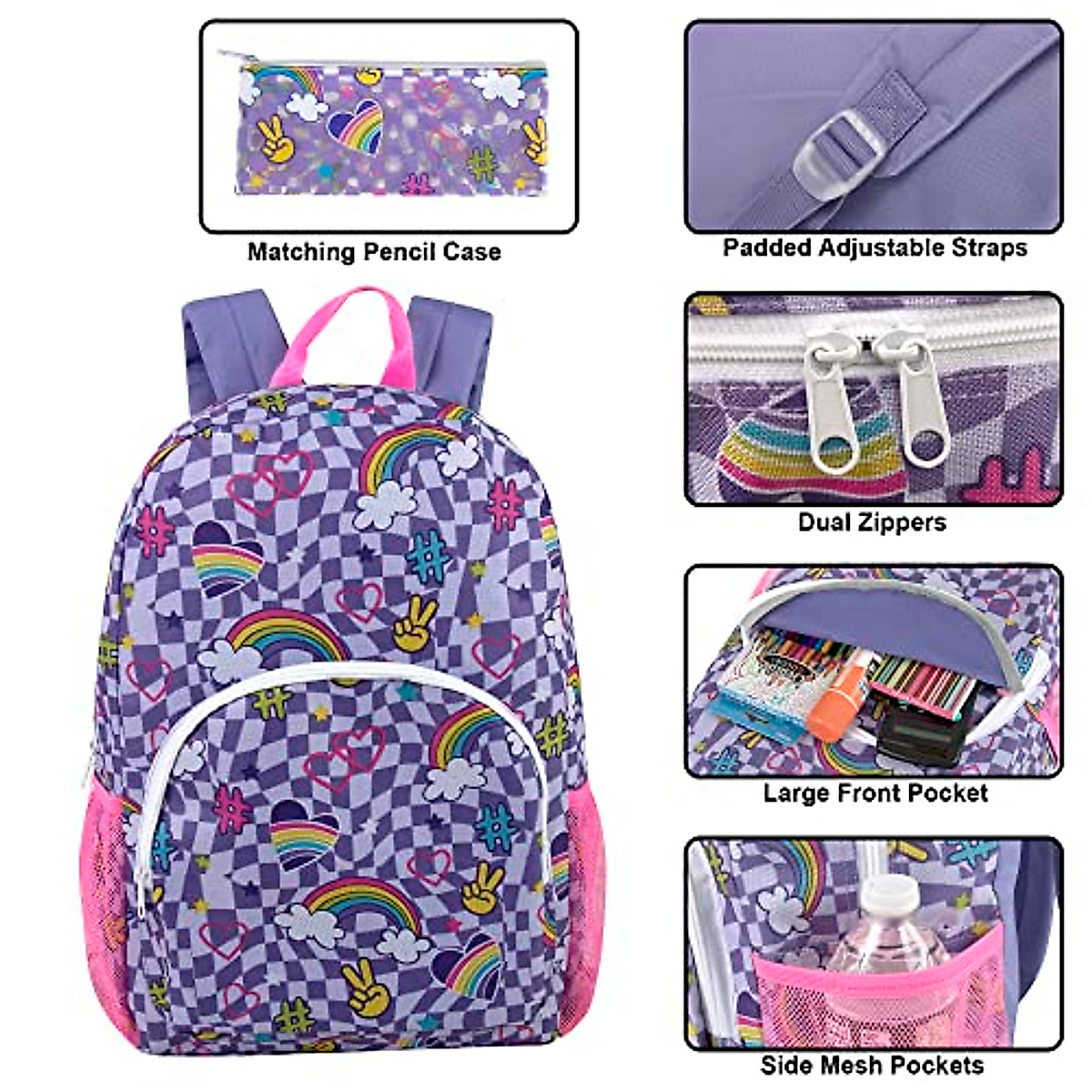 Trail maker 17 Inch Backpack with Side Pockets Backpack and Pencil Case Set for Women (Vintage Vibe Emojis)
