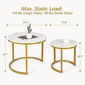 SMOOL Modern Nesting Coffee Table Set of 2 for Living Room Balcony Office, Round Wood Accent Side Coffee Tables with Sturdy Metal Frame, Easy Assembly(Marble)