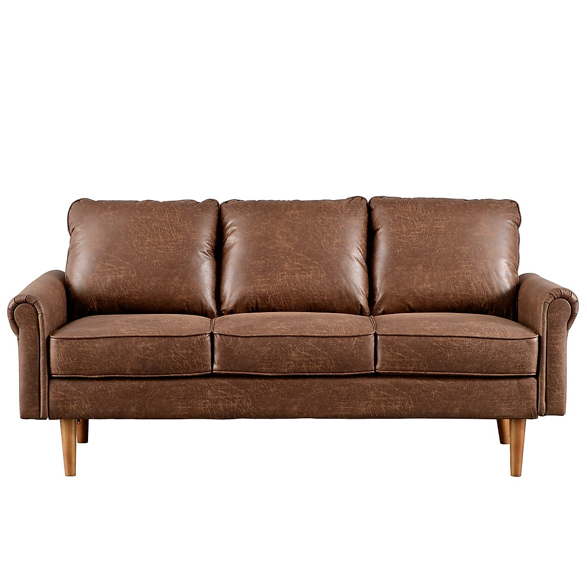 ovios 73.6" Mid-Century Modern Sofa Couch, 3-Seats Leather Couches with Comfy Cushions, Deep Seat Sofas for Living Room Bedroom Apartment and Small Spaces, Dark Brown