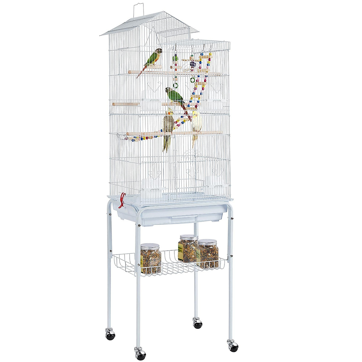 Yaheetech 62.4-inch Roof Top Flight Bird Cage for Parakeets Cockatiels Conures Finches Lovebirds Canaries Budgies Small Parrots, Large Birdcage with Detachable Rolling Stand, White