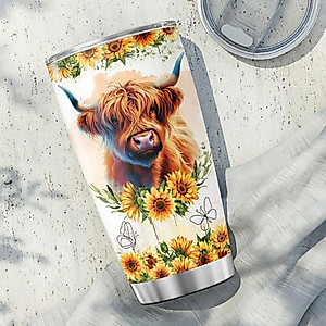 JENOIS Just A Girl Highland Cow, Tumbler 20 Oz With Lid And Straw, Highland Cow Gifts, Sunflower Flower Cups Floral