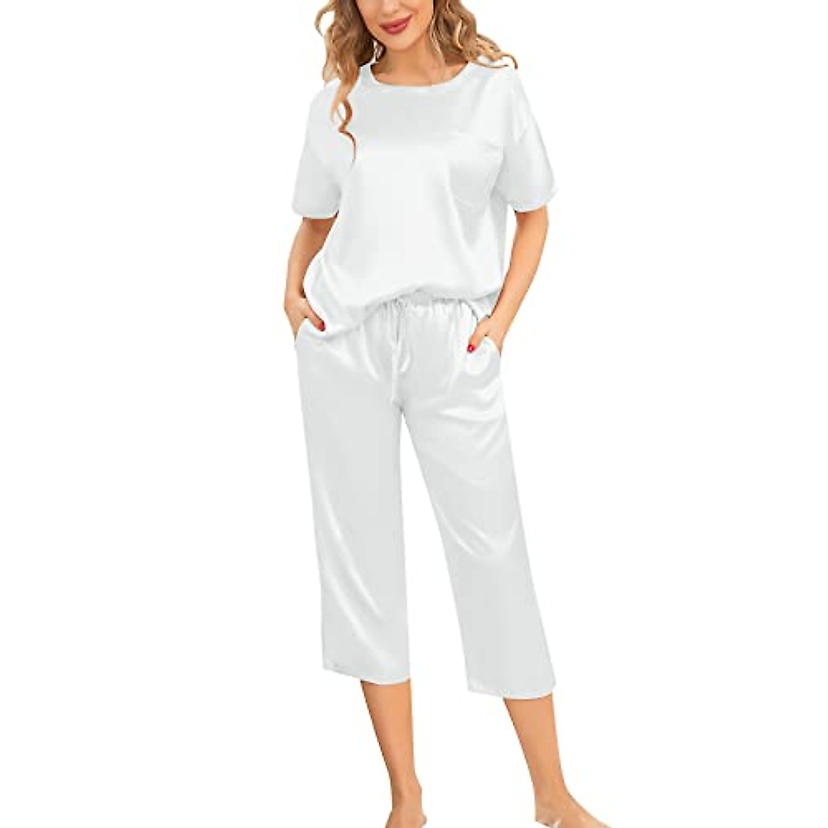 SWOMOG Womens 2 Piece Satin Pajamas Silk Short Sleeve Pjs Sets Capri Bottom Pajama Pants Loose Outfit with Pockets White X-Large