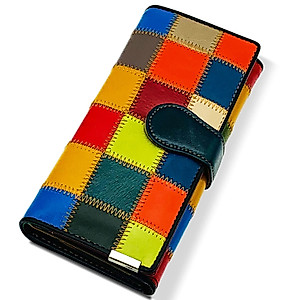 EutDett Patchwork Wallet Women Genuine Leather Purse Multicolor Quilted Diamond Wallet Stitch Ladies Wallet