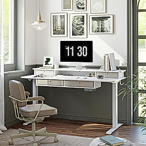 FEZIBO Sturdy Height Adjustable Electric Standing Desk with Drawers, 48 x 24 Inch Stand Up Table with Large Storage Shelf, Sit Stand Desk, White Top