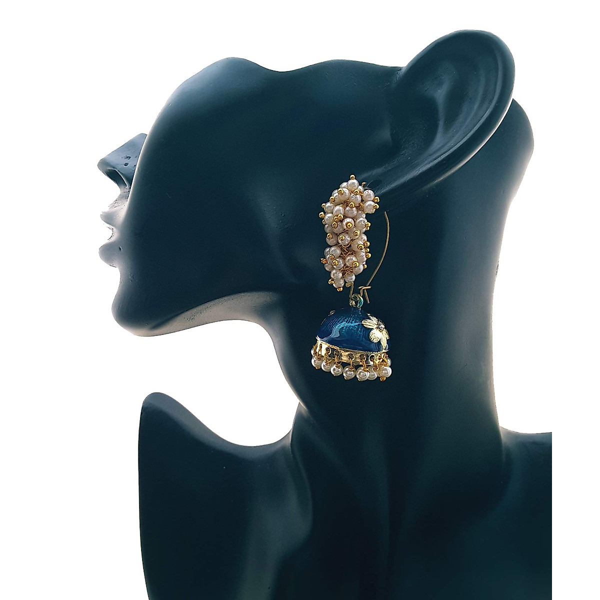 Moonstruck Golden Meenakari Jhumkas With White Pearls For Women (Blue)