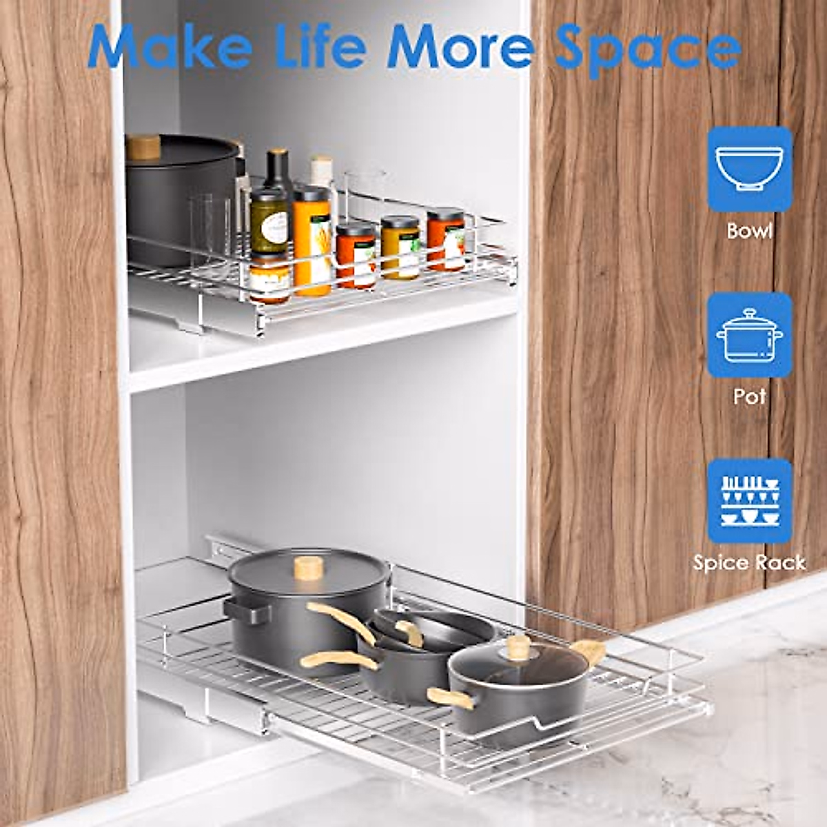 G-TING Pull Out Cabinet Organizer, Heavy Duty Slide Out Pantry Shelves Sliding Drawer Storage for Home, Kitchen, Bathroom, 13.97" W x 20.98" D, Request at Least 15 inch Cabinet Opening(2 Pack, Silver)