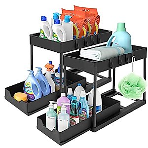 Sifxouped Under Sink Organizers and Storage, Two Tier Pull Out Cabinet Organizer with Hooks, 2 Pcs Under Sink Cabinet Basket with Sliding Drawers, Kitchen Bathroom, Black