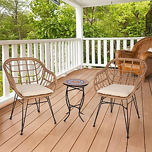 MOOOTTO 3 Pieces Outdoor Conversation Set, Patio Bistro Sets with 2 PE Wicker Chairs and Coffee Table,Patio Furniture Set for Porch, Sunroom, Deck, Backyard