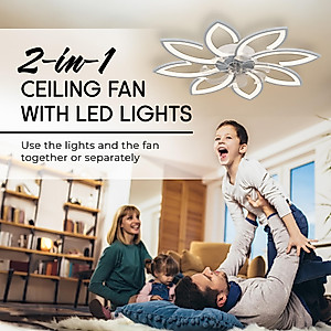 35''Ceiling Fans with Lights,Bladeless Ceiling Fan with Lights and Remote, Flush Mount Ceiling Fan with Dimmable LED Light,Modern Low Profile Ceiling Fan 6 Speed Wind Timing for Bedroom 90W (White)