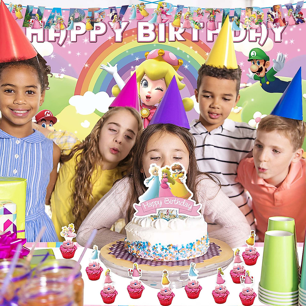 Mario Princess Peach Party Decorations, Mario Princess Peach Birthday Party Supplies Include Banner, Balloons, Hanging Swirls, Backdrops, Cake Toppers, Tablecloth, Mario Princess Peach Party Favors
