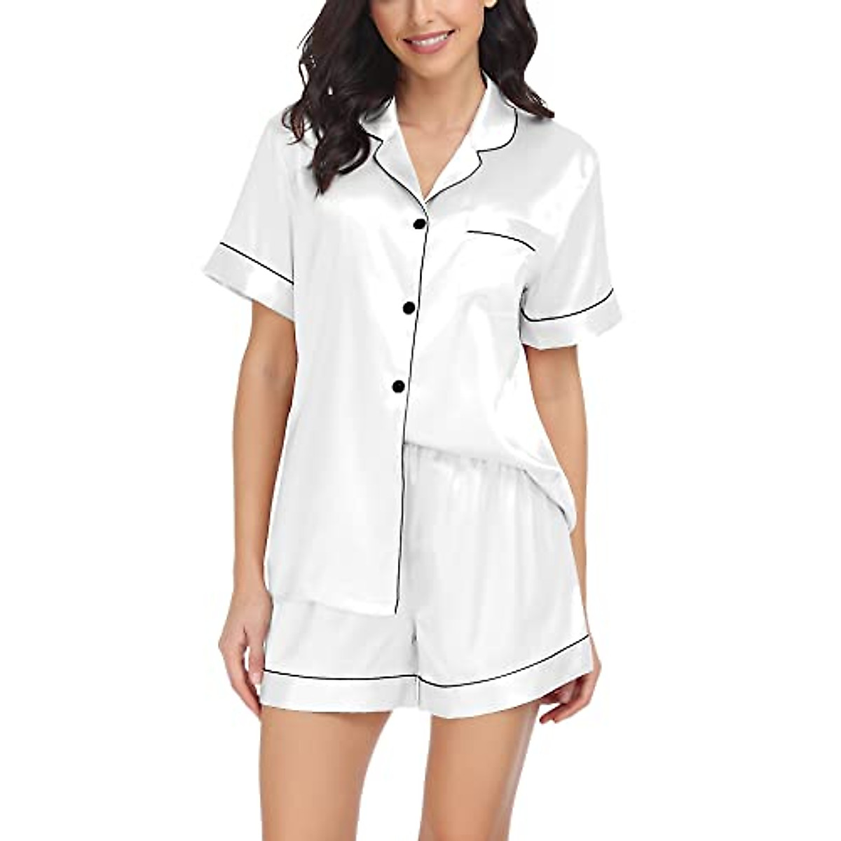 SWOMOG Women Satin Pajamas Sets Soft Button-Down Silk Sleepwear Two-Piece PJs Sets Loungewear White