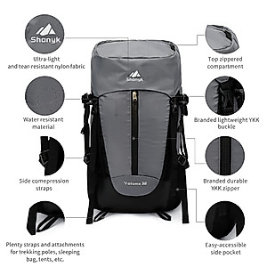 Shanyk Waterproof Hiking Backpack 36L | Lightweight Daypack with Rain Cover for Travel Outdoor Sports Camping Backpacking (Grey)