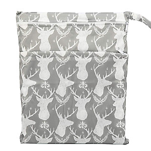 Sigzagor 2 Wet Bags Reusable Diaper Nappy Waterproof With Two Zippered Pockets (Gray Arrow and Deer Heads)