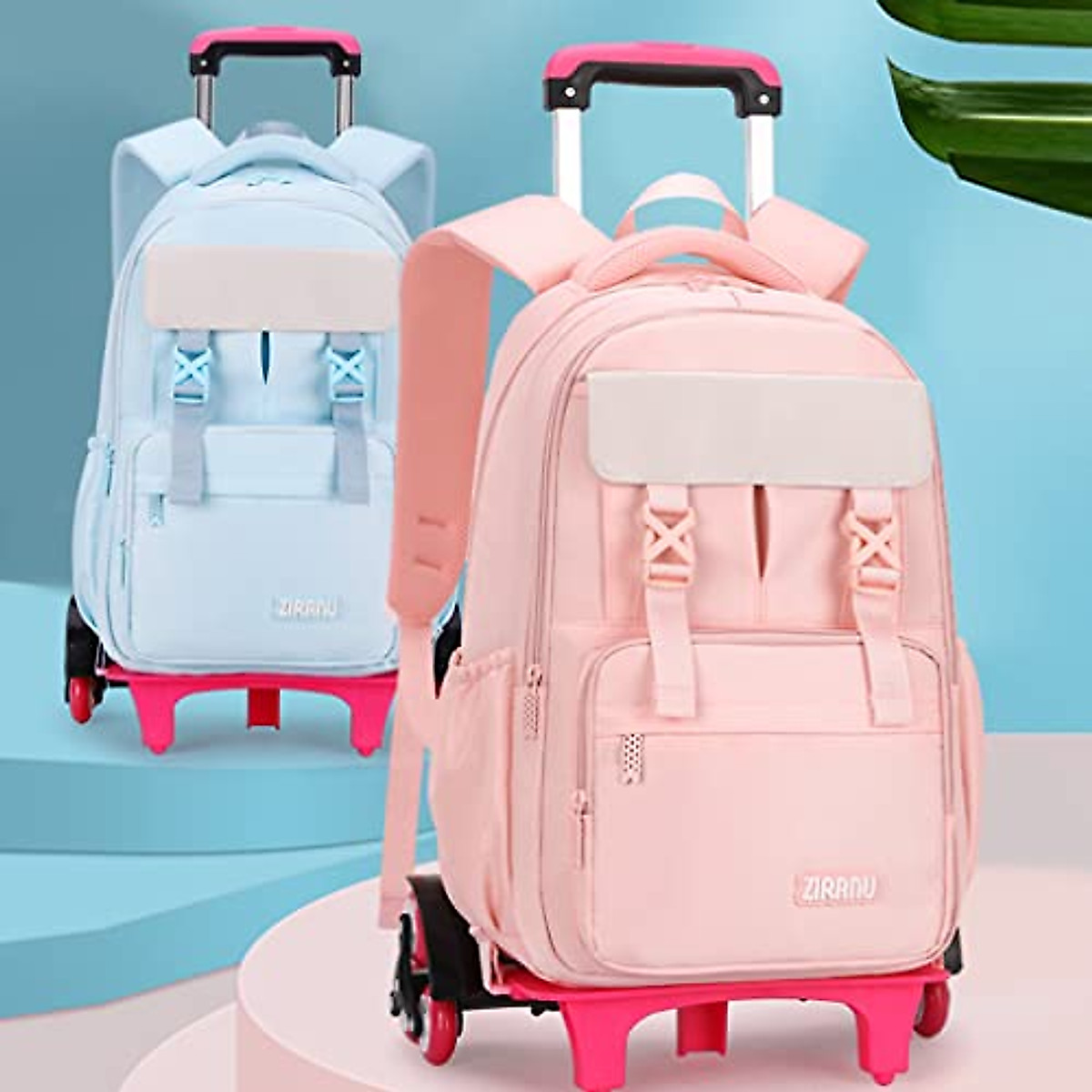 Solid-Color Rolling Backpack for Girls, Trolley Wheel School Bag, Wheeled Bookbag on 2 Wheels