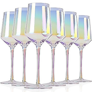 Physkoa Rainbow Wine Glass Crystal Hand-Blown Iridescent Wine Glasses Set of 6 for Wine Tasting,Bar 15oz