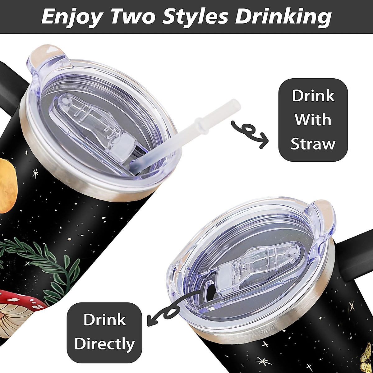 thmasamwr Mushroom Tumbler with Lid and Straw, Stainless Steel Mushroom 40oz Tumbler with Handle, Black Mushroom Travel Coffee Mug Mushroom Gifts Cups for Women and Men