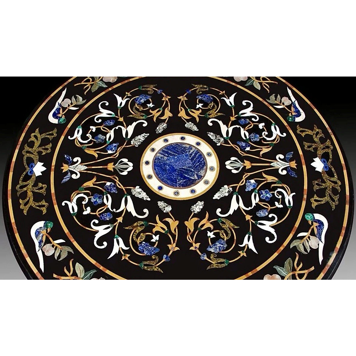 Natural Black Marble Round 24" x 24" Inch Coffee Table Top, Pietra Dura Semi Precious Stones Inlay Centre Table Top, Patio Table Top, Side Table Top, Piece Of Conversation, Family Heir Loom