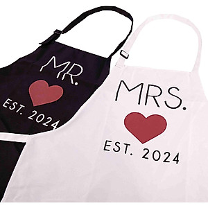 GSM Brands Mr. and Mrs. 2024 Couples Kitchen Aprons (2-Piece Set) Cute, Funny Cooking Bibs for Wedding Marriage Newlyweds