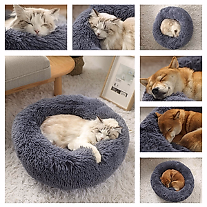 Kimpets Dog Bed Calming Dog Beds for Small Medium Large Dogs - Round Donut Washable Puppy Dog Bed, Anti-Slip Faux Fur Fluffy Donut Cuddle Anxiety Cat Pet Bed(20" Dark Grey)