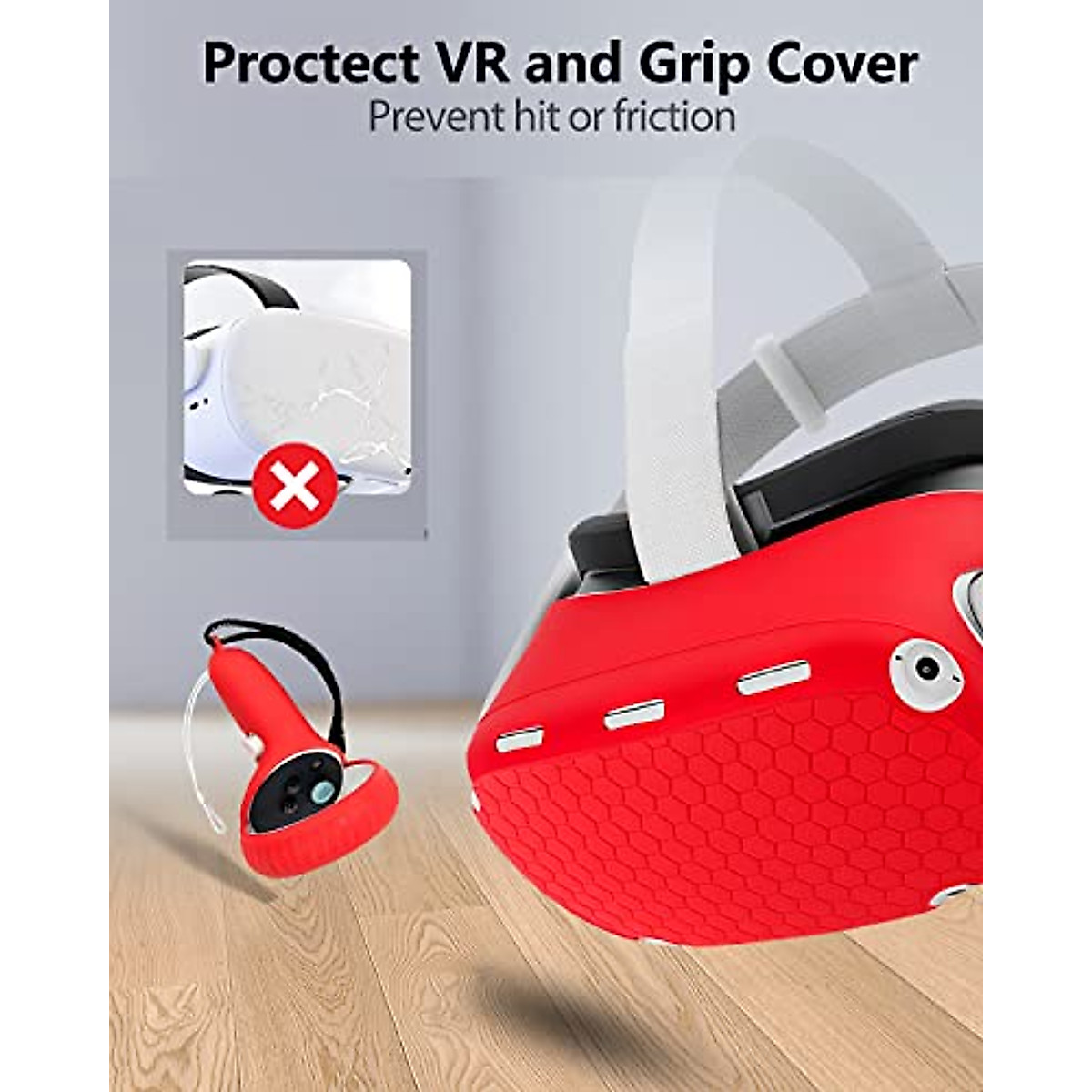 Hanpusen 4-in-1 Silicone Cover Set for Oculus Quest 2 Accessories, Controller Grips Cover, Anti-Fogging VR Face Cover,VR Headset Shell Protective Cover, Shakes Stick Caps Red